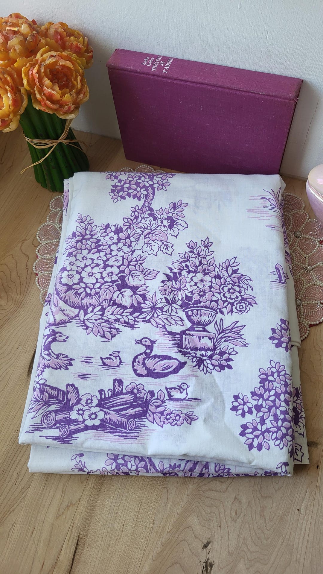 Vintage "toile De Jouy" Purple Pattern Bed Sheet Queen Size Bed by ...