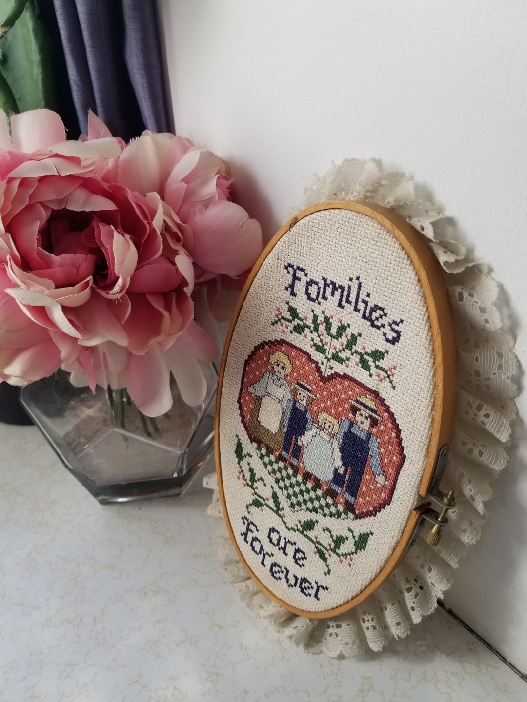 Vintage Amish Cross Stitch Wood Oval Plaque 14x10-1/2 W/wood Hoop ...