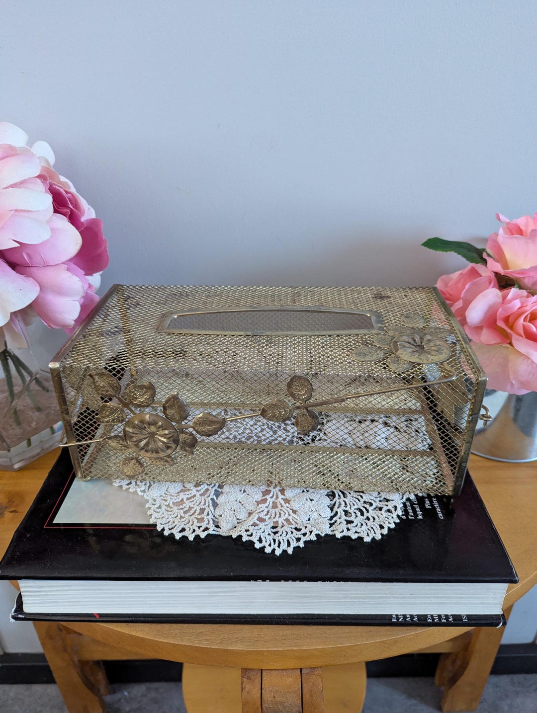1960s Vintage Tissue Box Cover Metal Mesh With Leaves and Roses, Gold ...