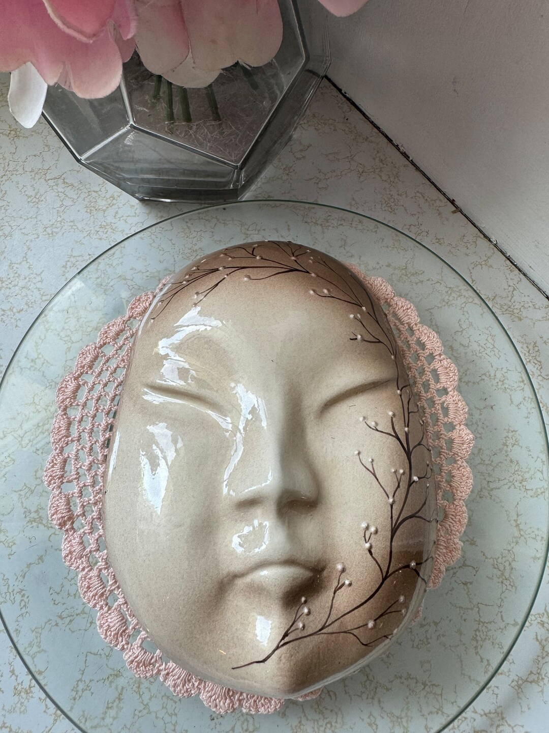 Vintage Japanese Mask Face Wall Hanging, Cherry Branch 1986, Beige ...