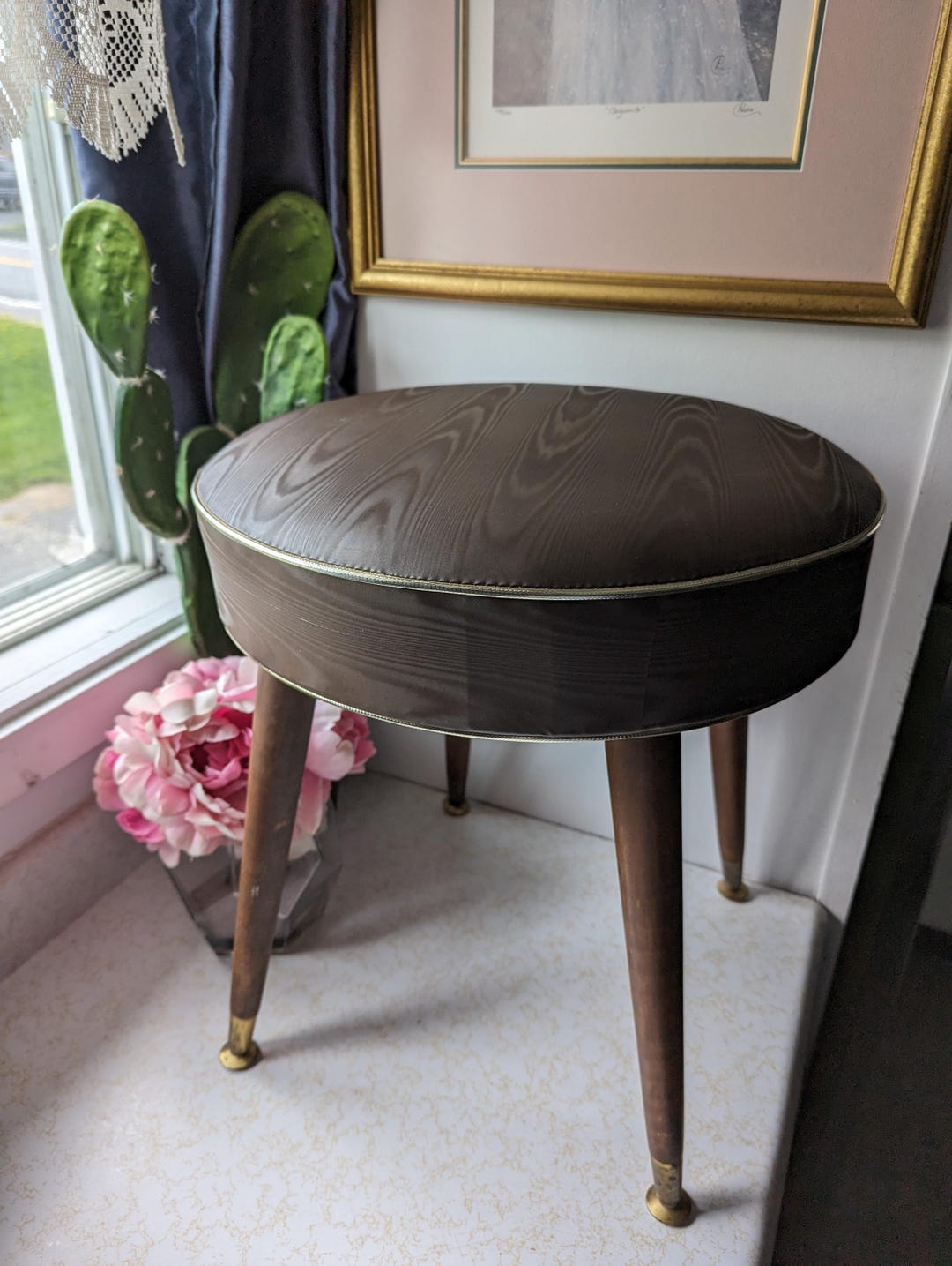 Vintage 70's Canada Round Foot Stool Vinyl Faux Wood Round Circle 4 ...