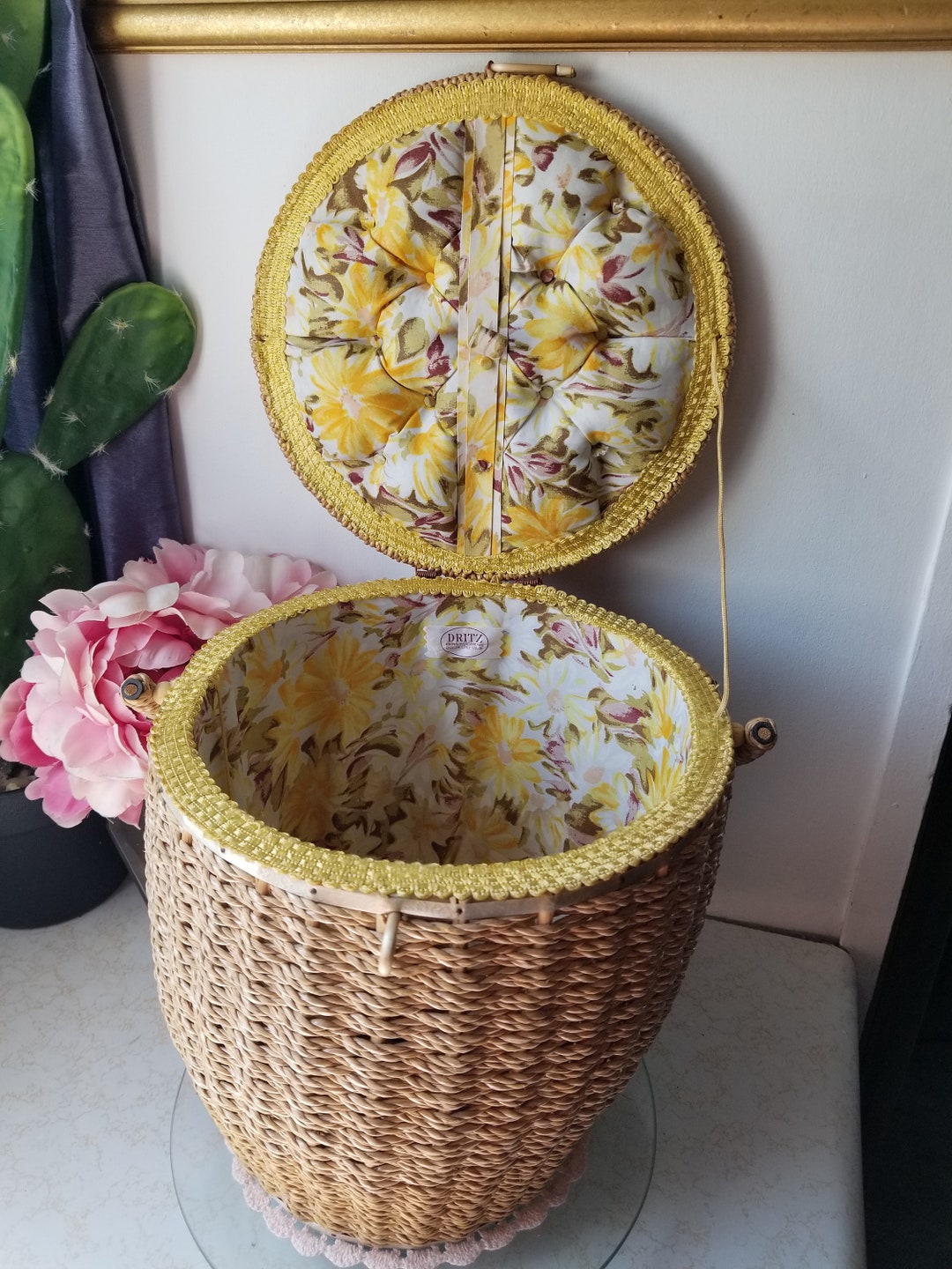 Dritz Round Woven Wicker Sewing Basket With Handle Beige Yellow Floral ...