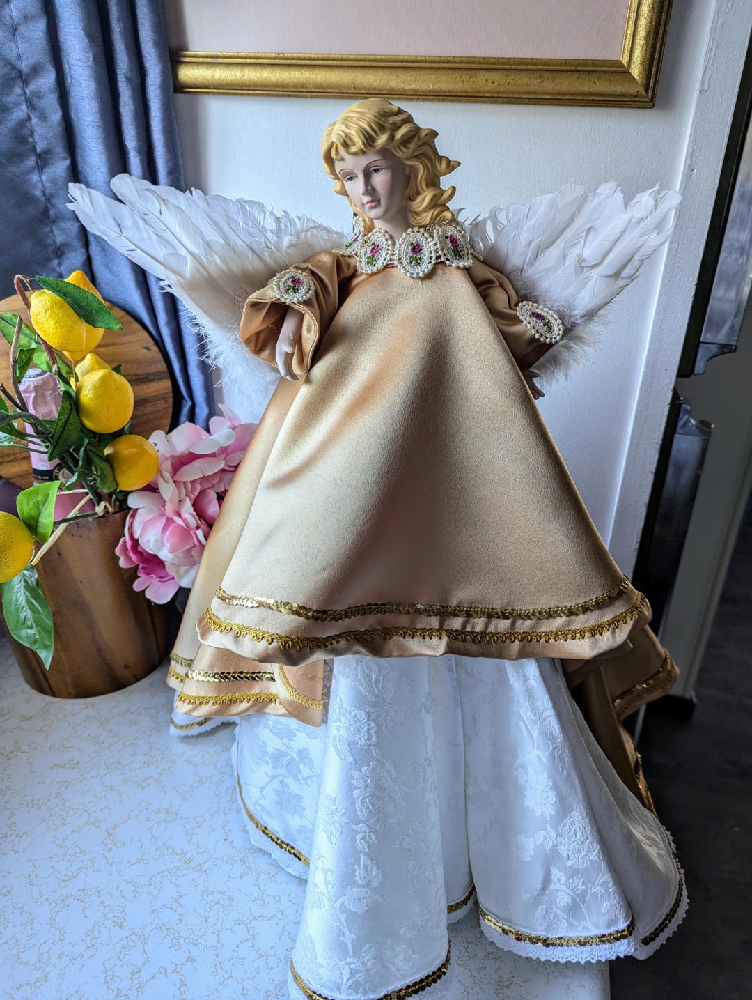 Vintage Majestic Angel Tree Topper 19 Tall Gold and White Xlarge Dress ...