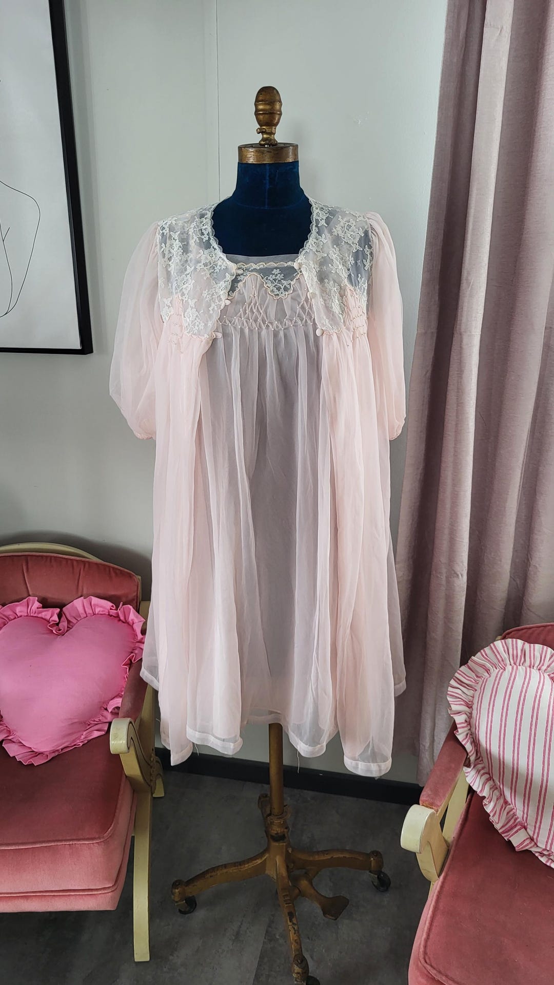 Vintage 60's Light Pink Chiffon Set Nightie by Eaton - Size S - 60s ...