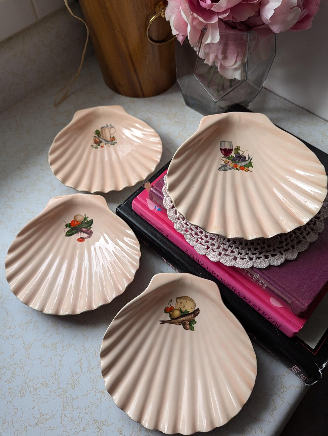 Vintage 4 Clam Shell Shaped Ceramic Bowls/ Plates Rare Color Soft Pink ...