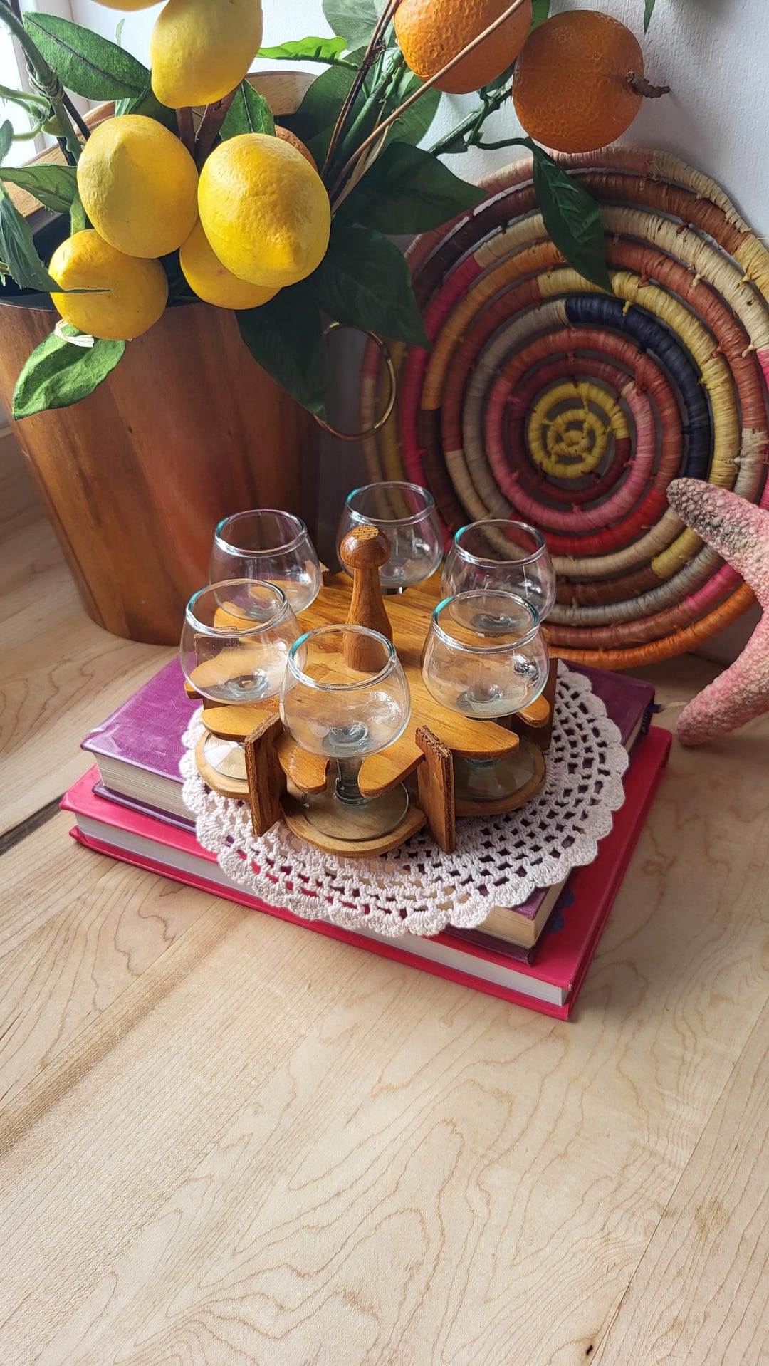 Vintage Set of Digestive Glasses and Wooden Stand. Drink Serving Tray ...