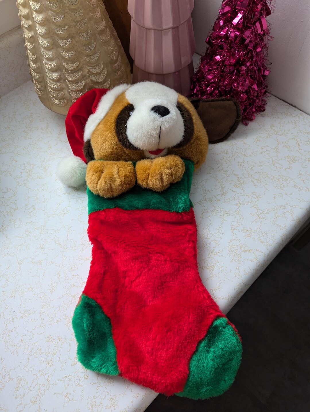 Vintage Prima Creations Christmas Stocking Dog Plush Brown Paws Dark ...