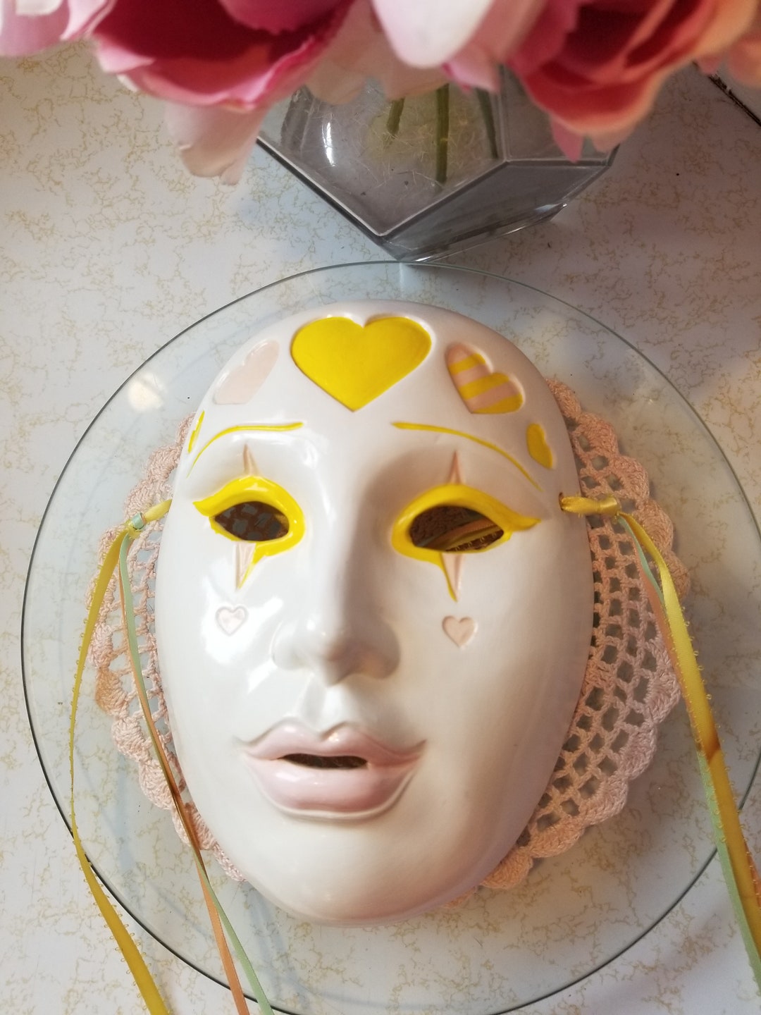 Vintage Ceramic Hand Painted Pierrot White Yellow Pink Carnival Face ...