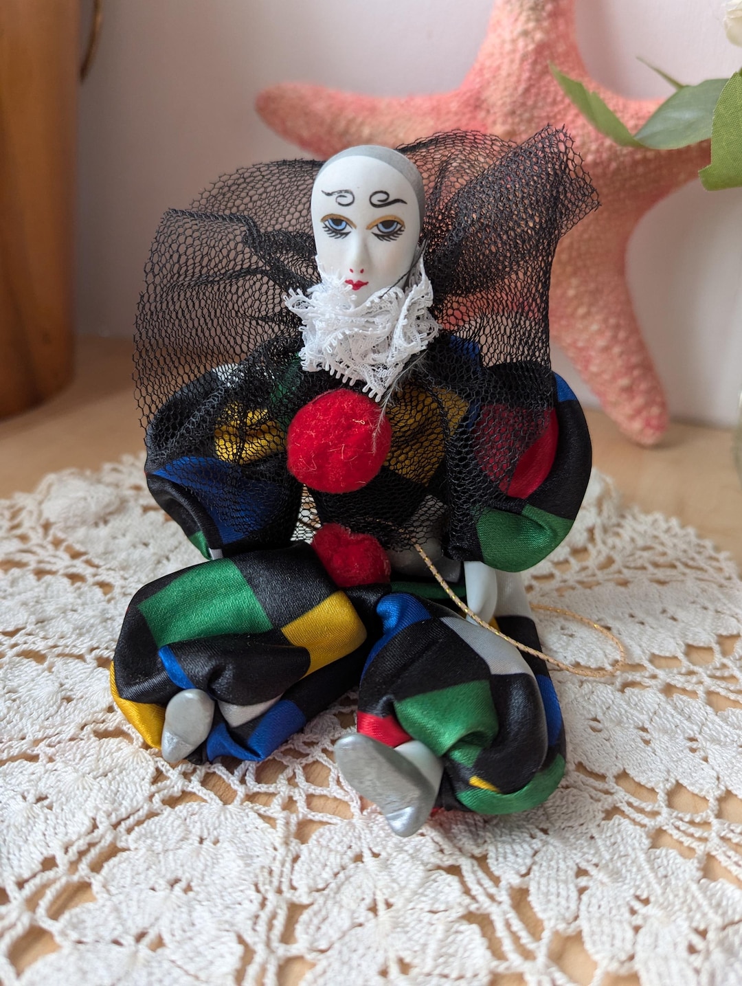 Vintage Pierrot Clown Doll Porcelain Head Arms Feet Silver & Harlequin ...