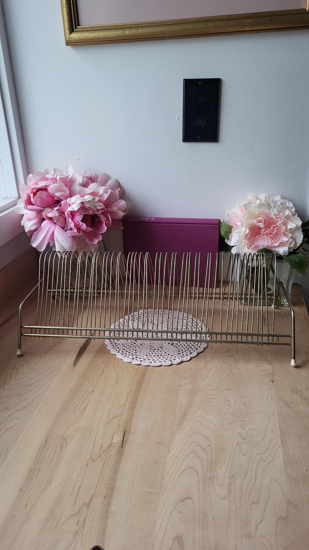 Mid Century Brass Wire Record Display Holds Records on Display Next to ...