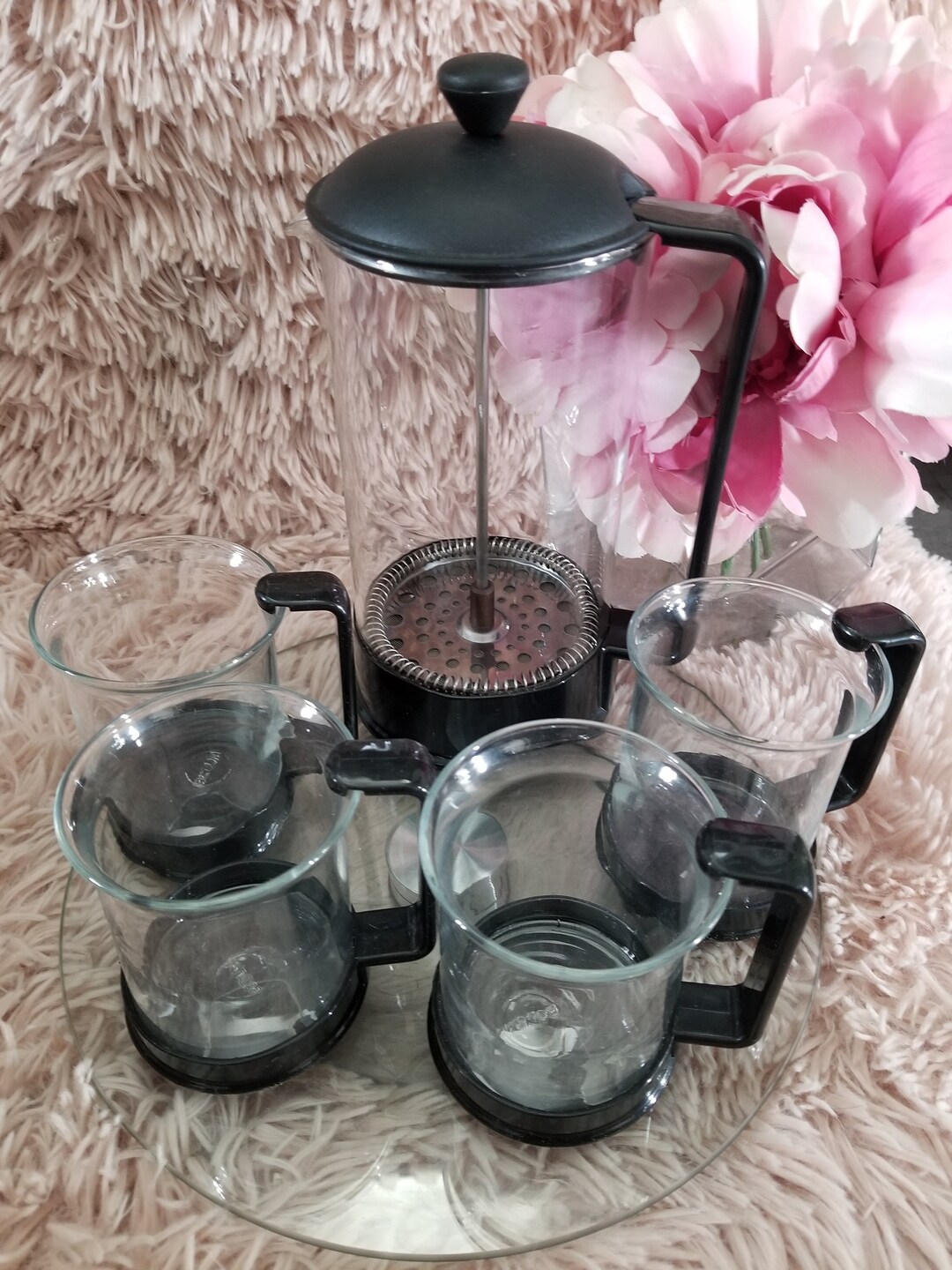 Vintage Retro Black Plastic Bodum Coffee Maker French Press and 4 Mugs ...