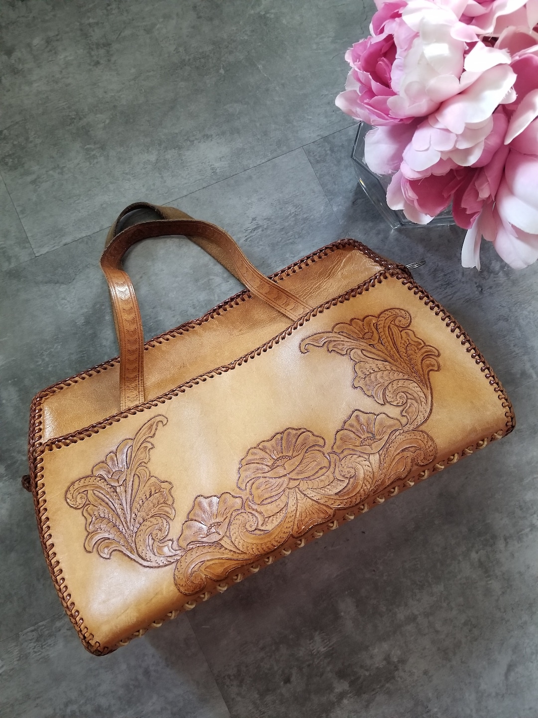 Vintage Genuine Leather Handbag, Leather Handcrafted Bag, Tooled ...