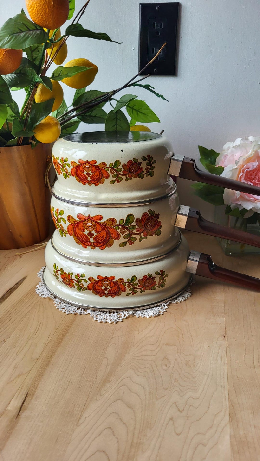 Vintage 1960s Pots and Pans, Folk Pattern, Asta Enamelware Cookware Set ...