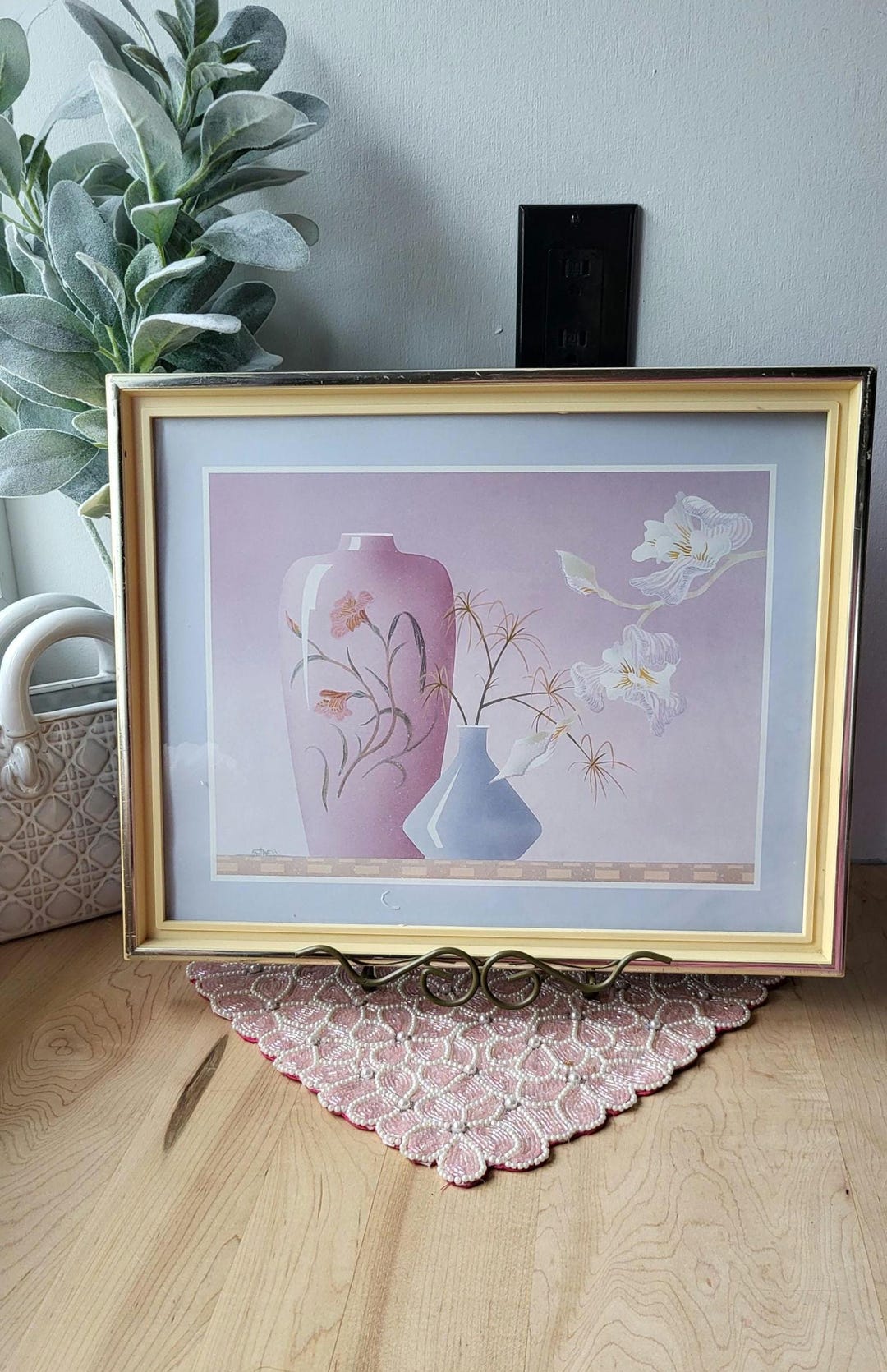 Vintage Postmodern 80s Framed Floral Vase Prints by Stwell Soft Yellow ...