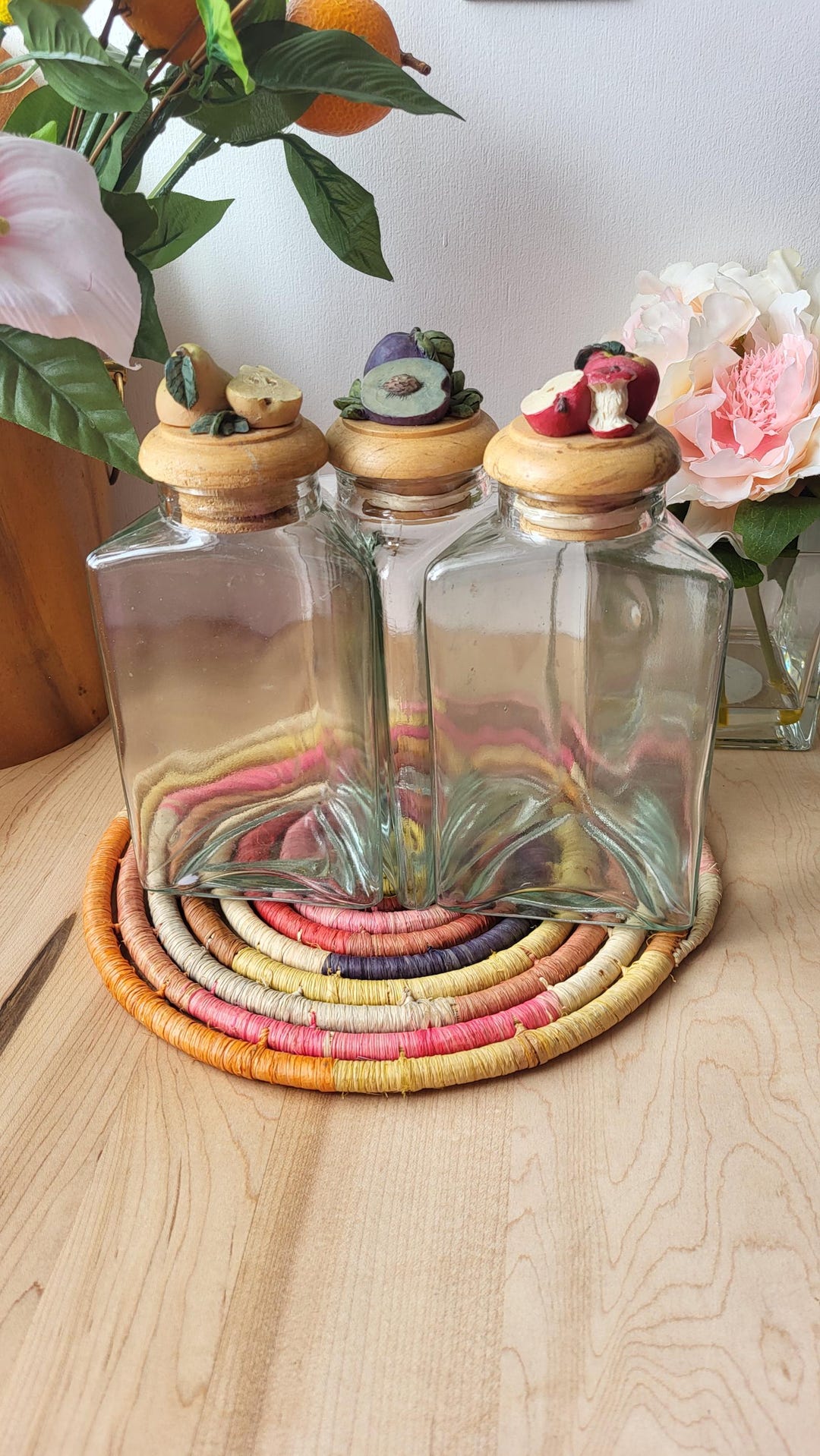 Vintage Set of 3 Green Triangular Jar With Fruit Decor- Triangle Jar ...