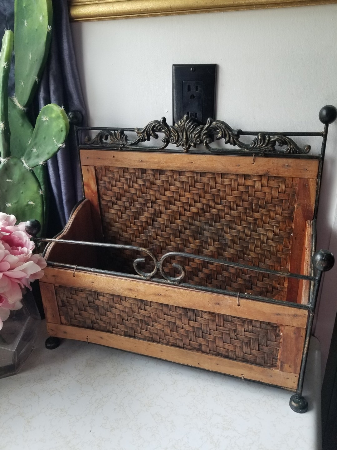 Vintage Freestanding Black & Brown Wicker and Iron Magazine Rack - Etsy