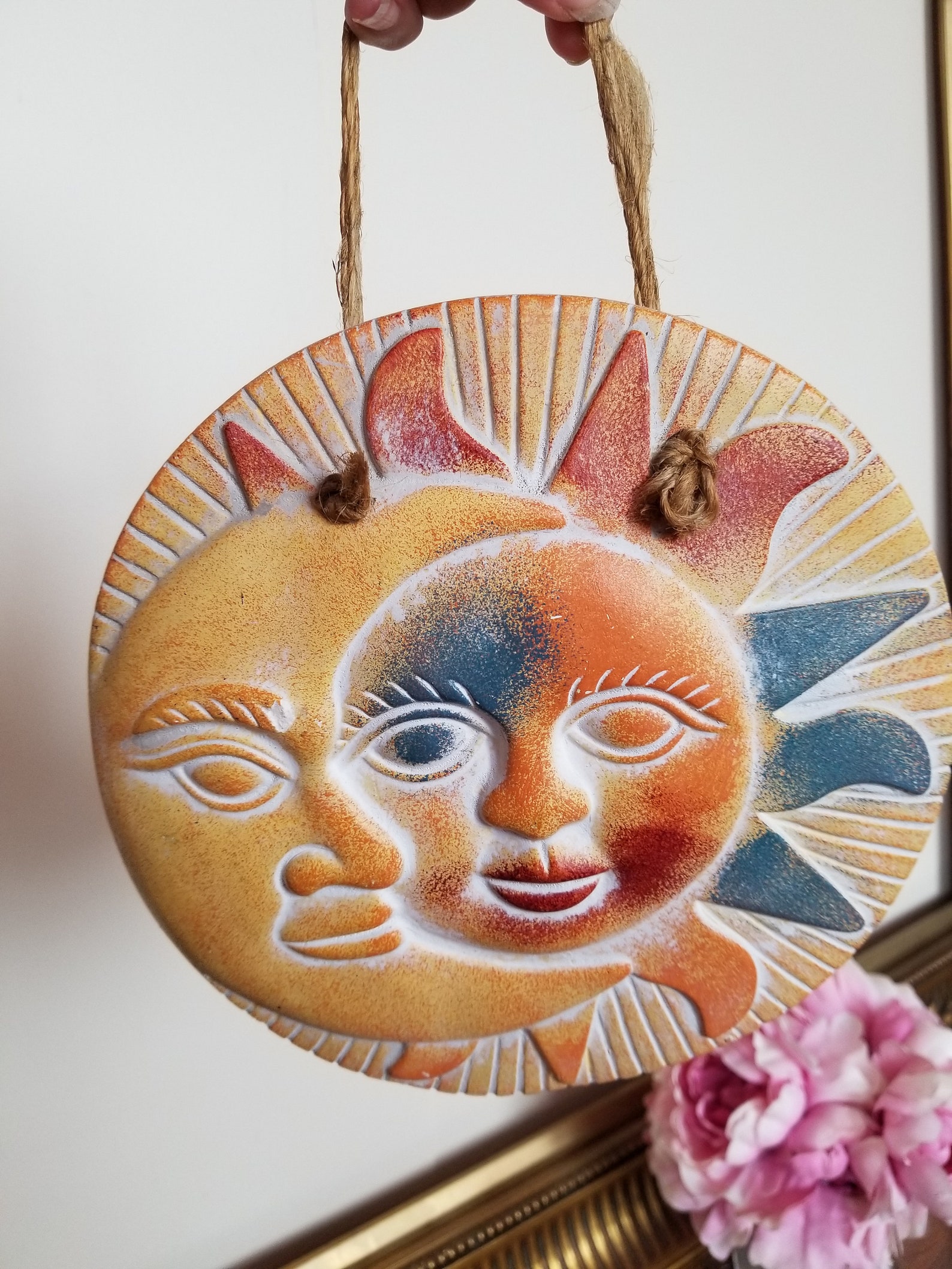 Vintage Terra Cotta Sun & Moon Wall Hanging - Etsy