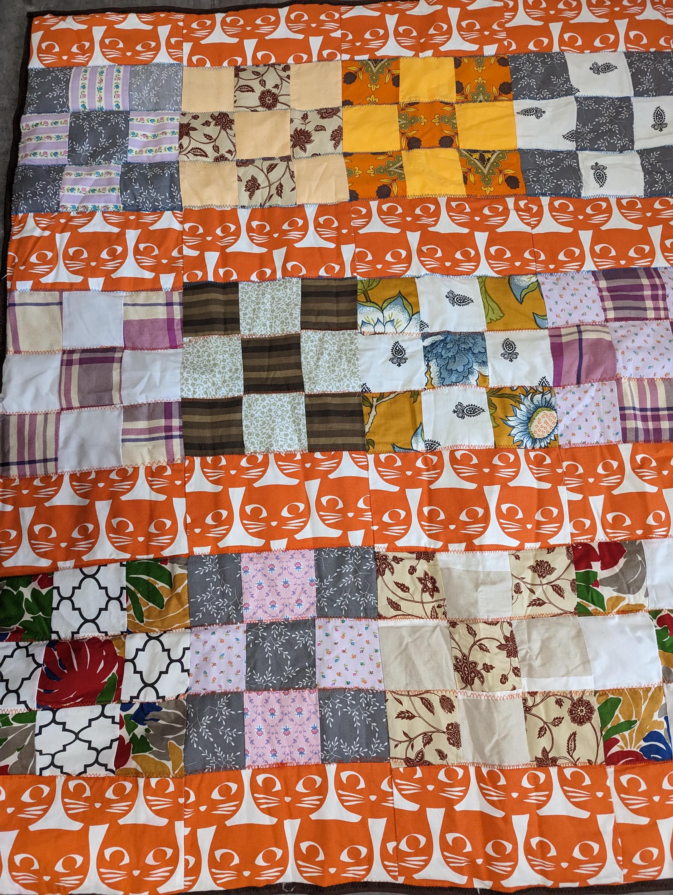 Vintage Baby Crib Quilt MCM Atomic Cats and Orange Colorful Handmade ...