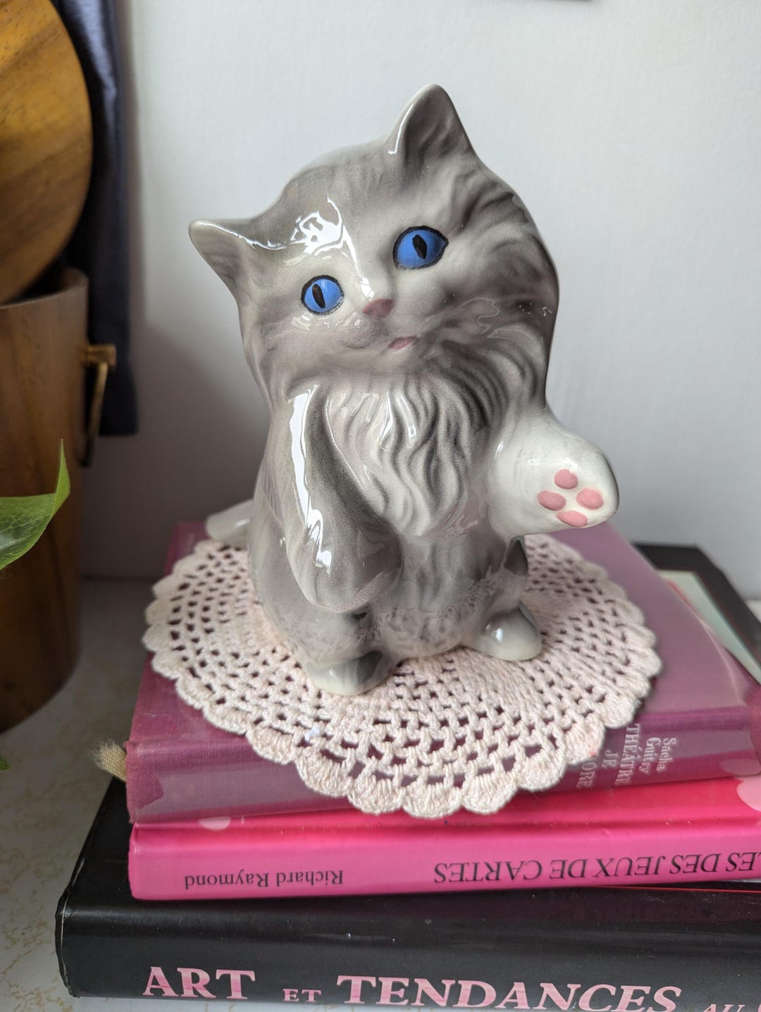 Vintage Persian Cat Statue Glazed Ceramic Grey and Blue Eyes Color Chat ...