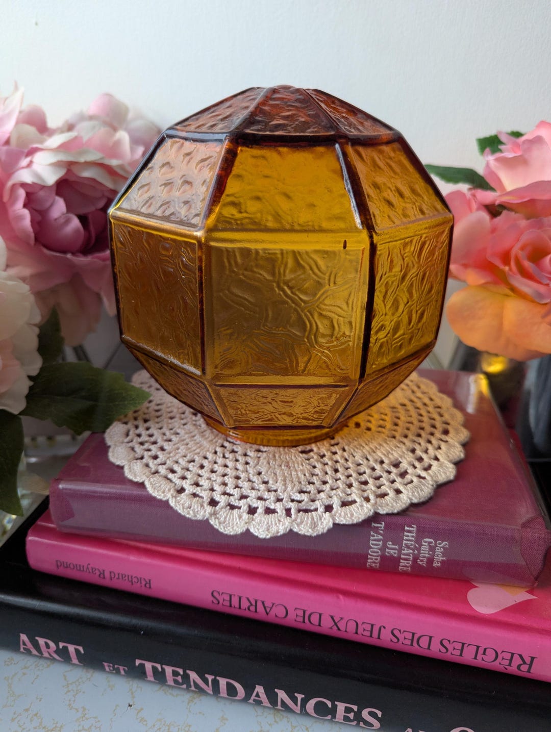 Vintage Amber Faceted Glass Ceiling Light Shade Globe Mid Century ...