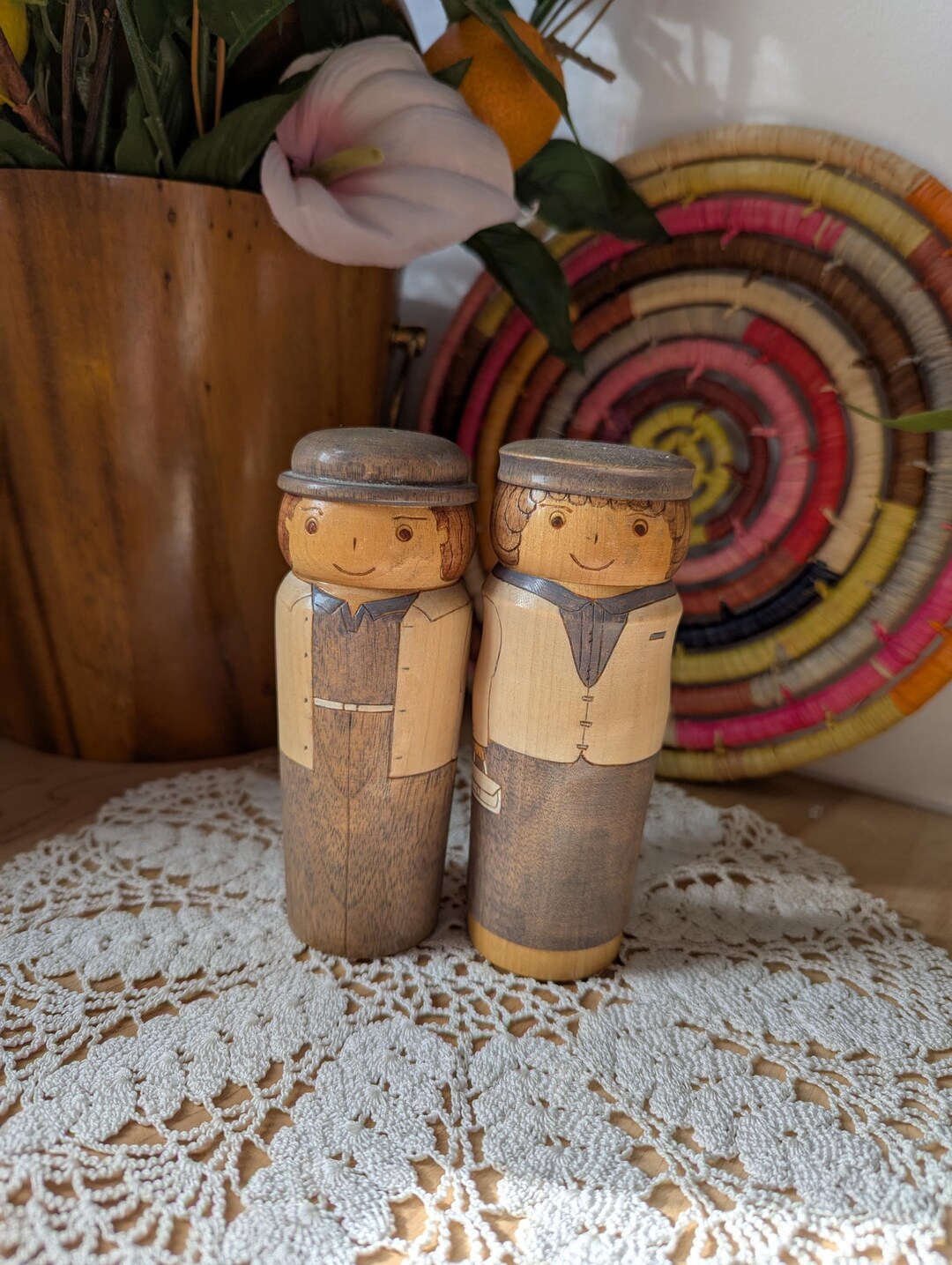 Vintage QUEBEC FOLK ART Wooden Man and Woman Couple Lovers Salt ...