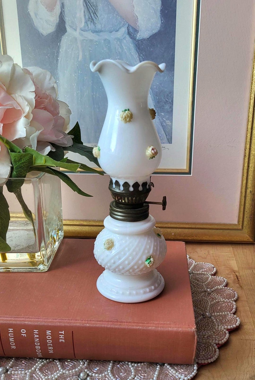 Vintage Miniature Oil Hurricane Fairy Lamp Milk Glass Beaded Flowers ...