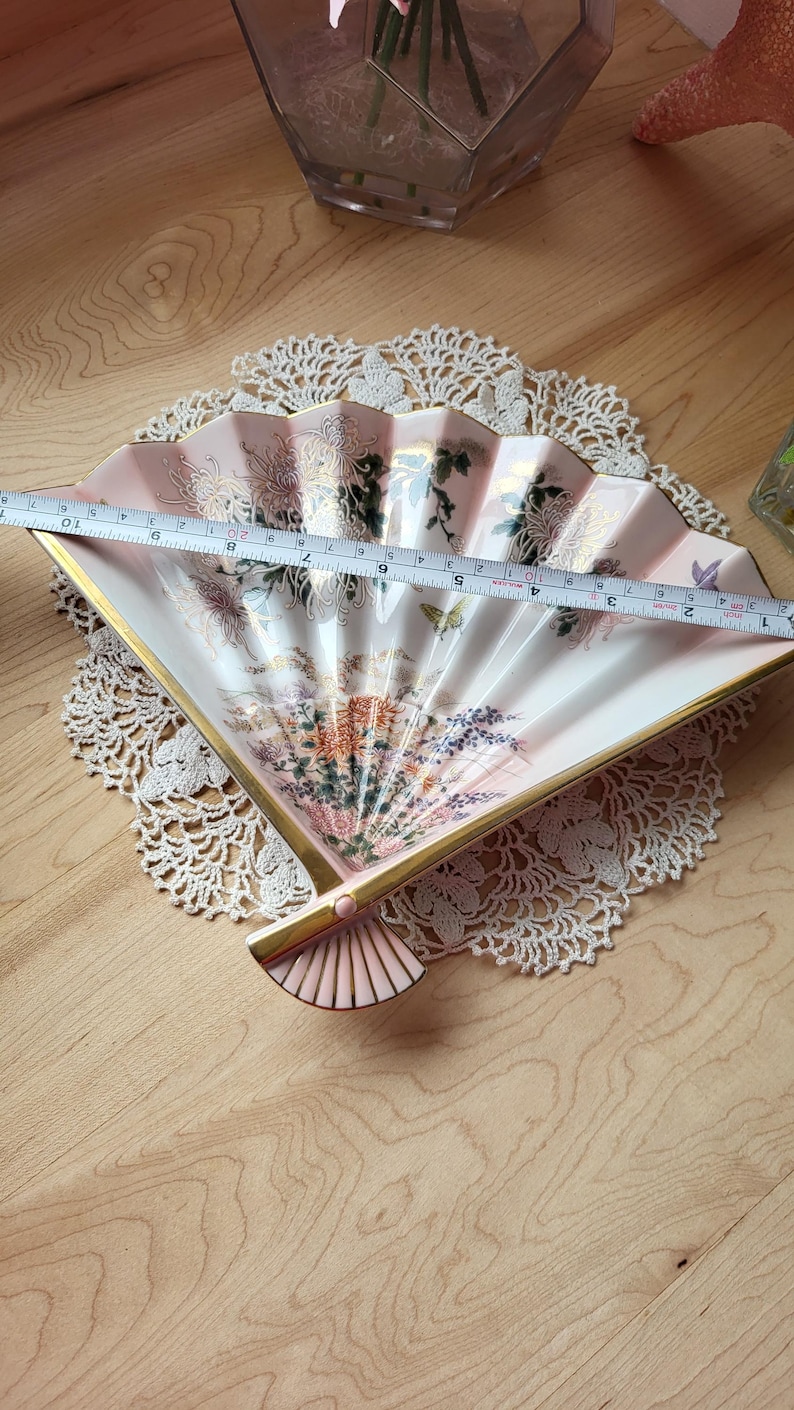 Japanese Porcelain Fan Dish Marked Kyoto Butterflies, Peonies, Gilt ...