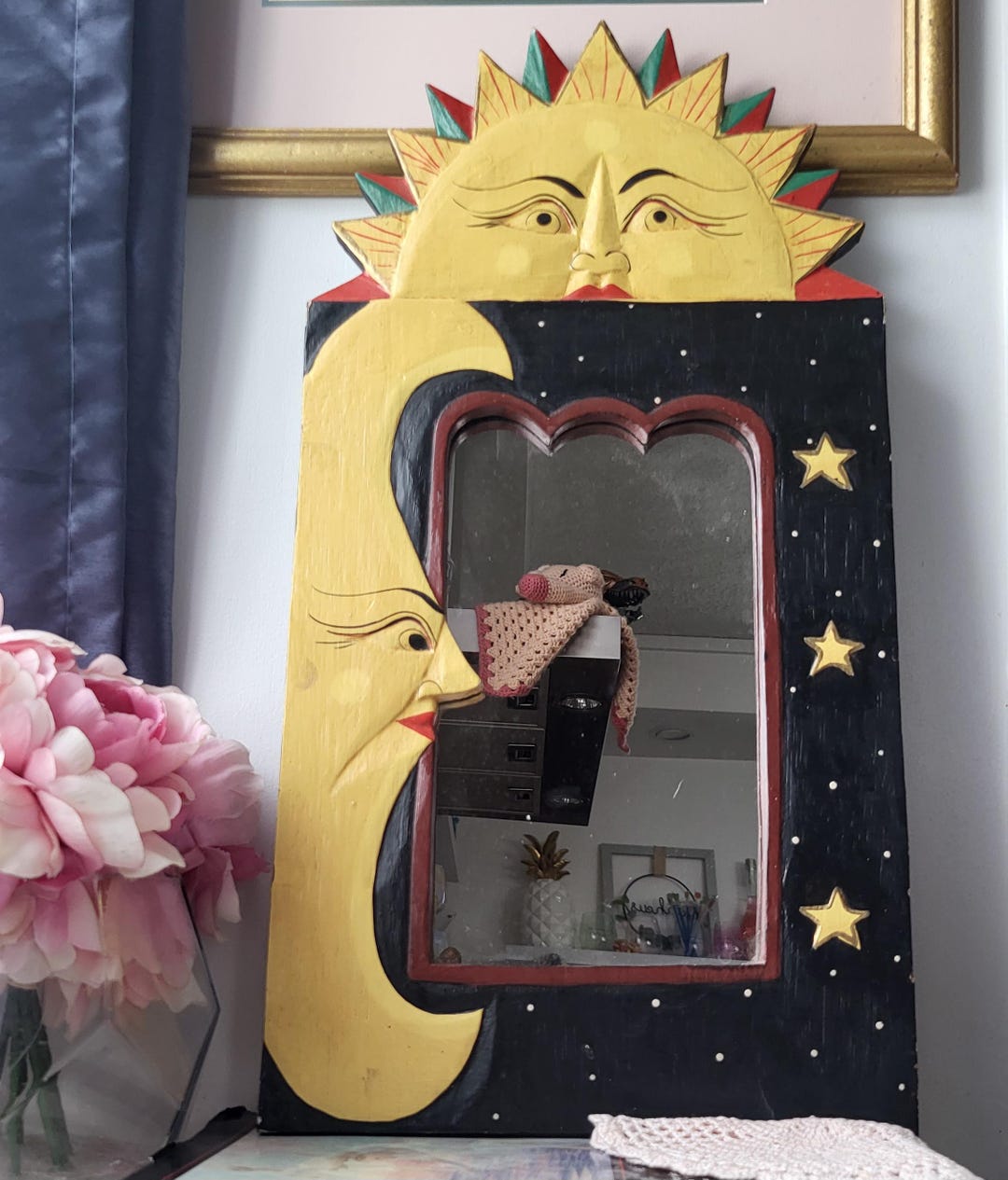 Vintage Celestial Wooden Mirror, Large Sun & Moon. Hand Carved and ...