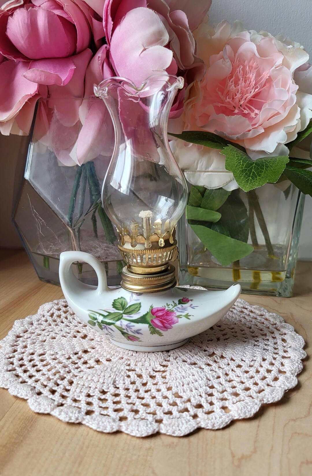 Vintage Miniature Porcelain Aladdin's Oil Lamp, Glass Chimney, Roses ...
