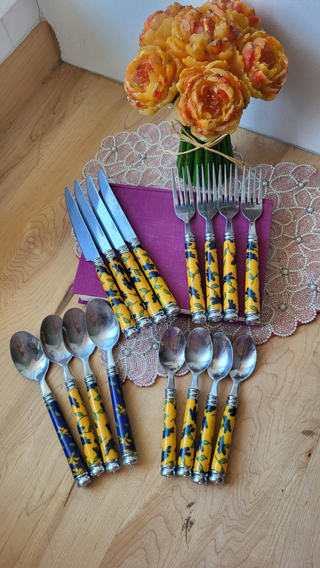 Vintage Yellow & Blue Floral Plastic Handles Stainless Flatware Vintage ...