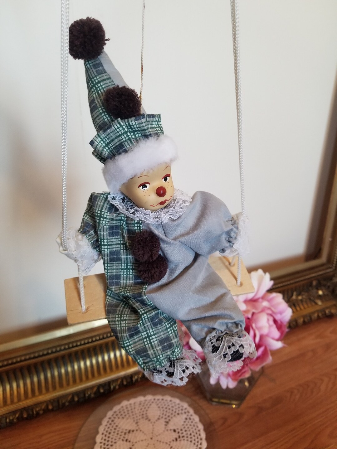 Vintage Doll, Porcelain Doll, A Clown Doll Hanging on a Bench, Clown ...