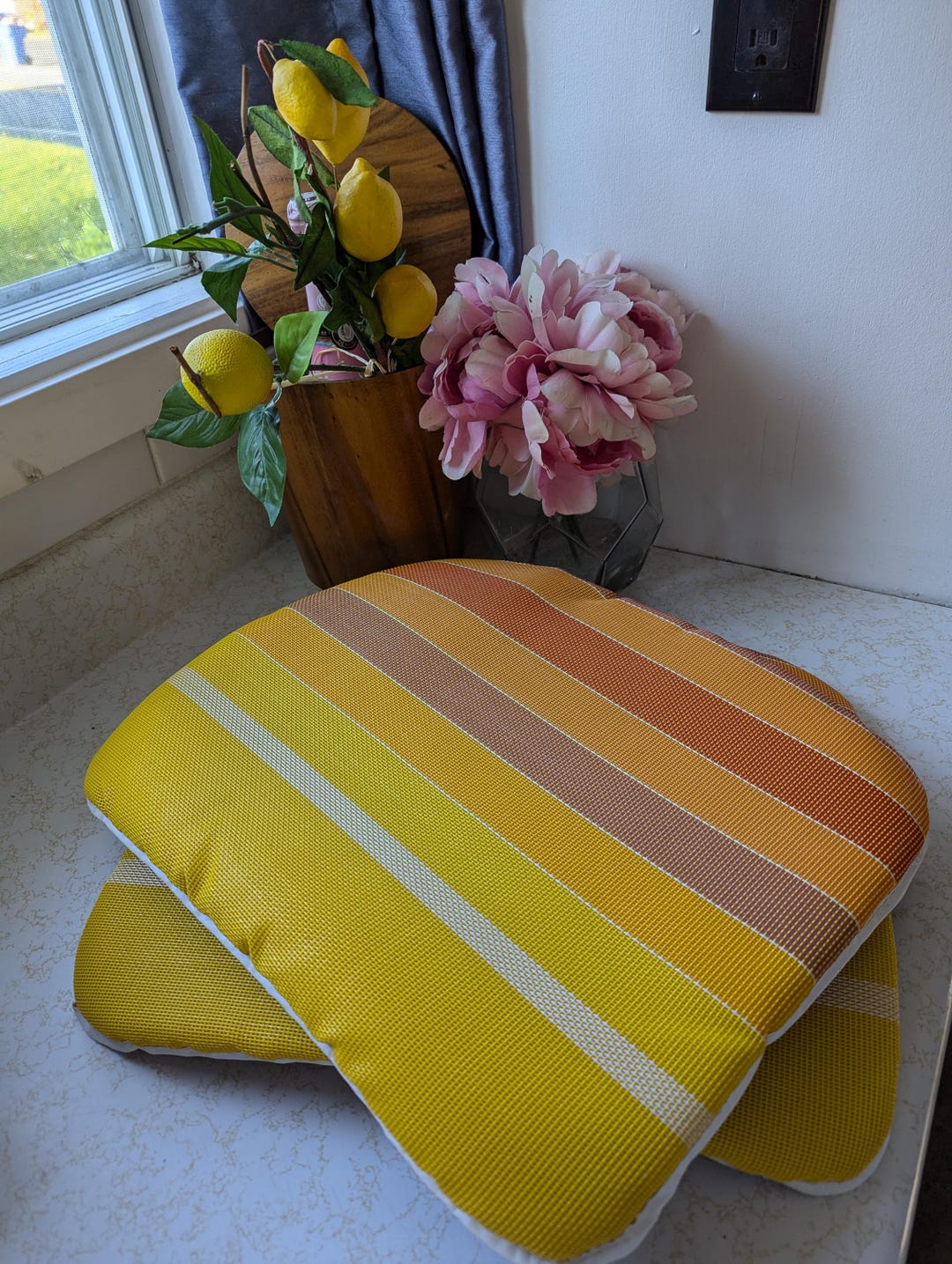 Vintage 70's Pair of Outdoor Chair Cushions Yellow W/ Brown Orange ...