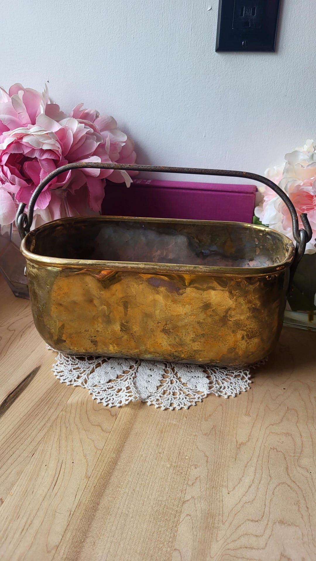 Vintage Large Brass Fish Poacher or Pot Kettle or Planter With Wrought ...