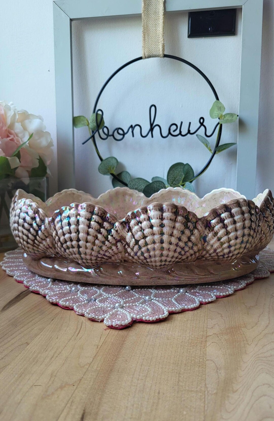 Clam Shell Bowl | Vintage 80's Ceramic Brown & Beige Iridescent Clam ...