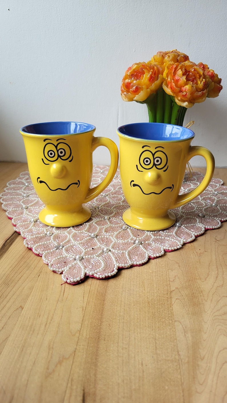 Set of 2 Matching Blue & Yellow Funny Face 3D Protruding Nose Mugs Lot ...