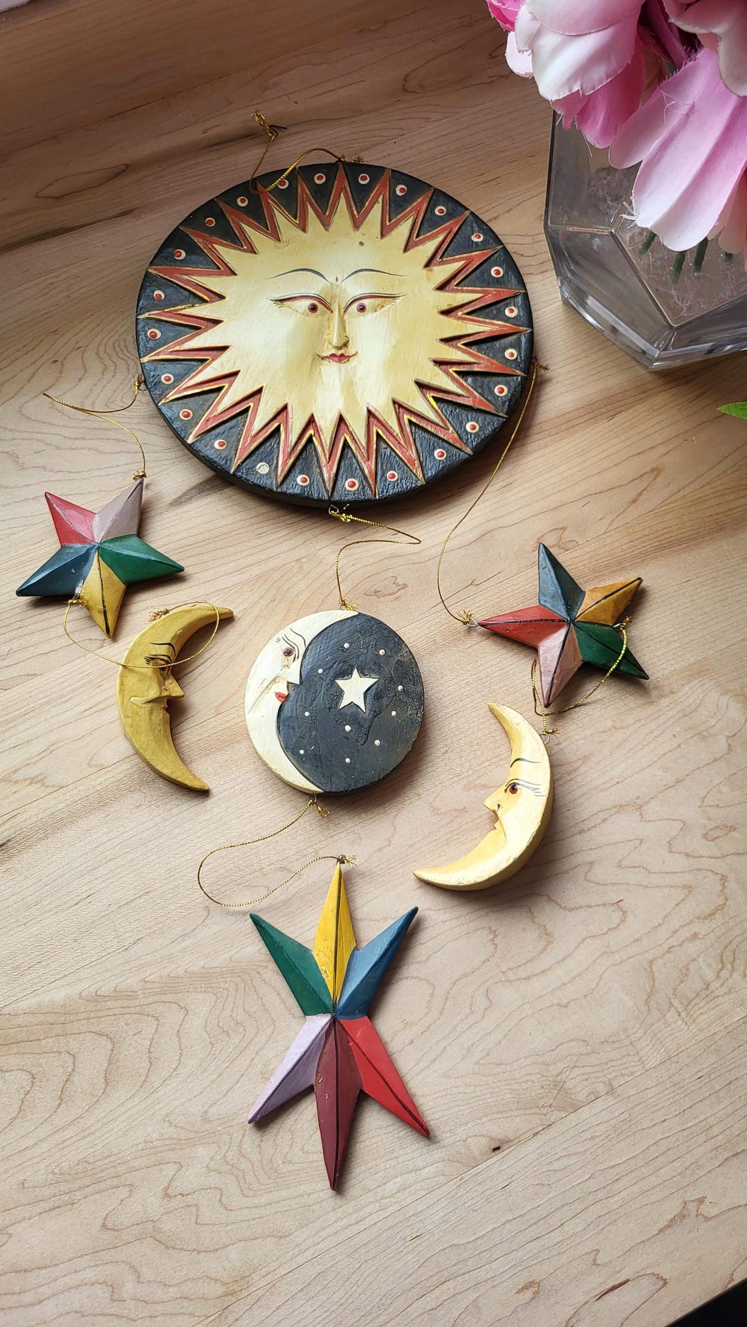 Vintage Sun and Moon Handpainted Wooden Wall Decoration. Celestial Sun ...