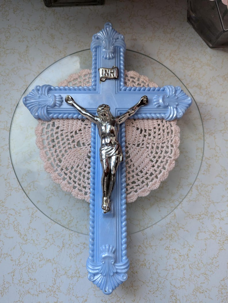 Vintage Plastic Crucifix With Christ Baby Blue Religious Decor Baptism ...