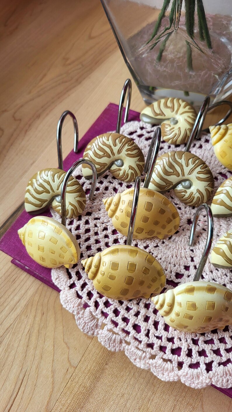 Vintage Set 12 Textured Seashell Design Yellow and Beige Shower Curtain ...