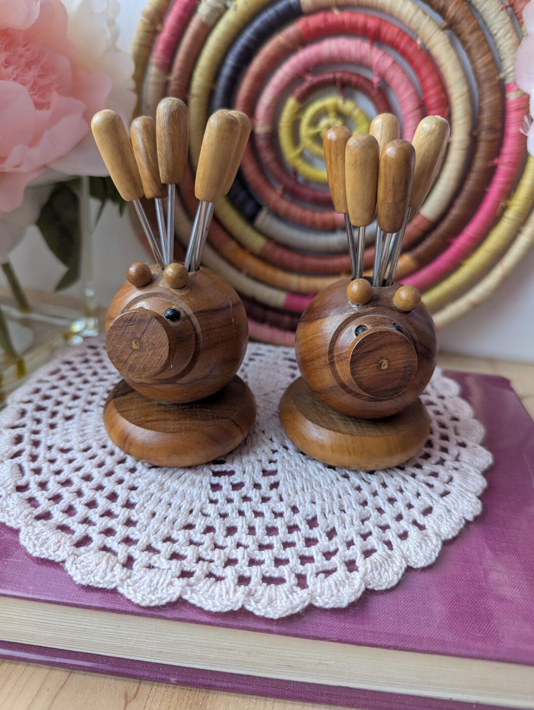 14 Piece Wooden Set Vintage Pig Fork Picker Container Midcentury MCM ...