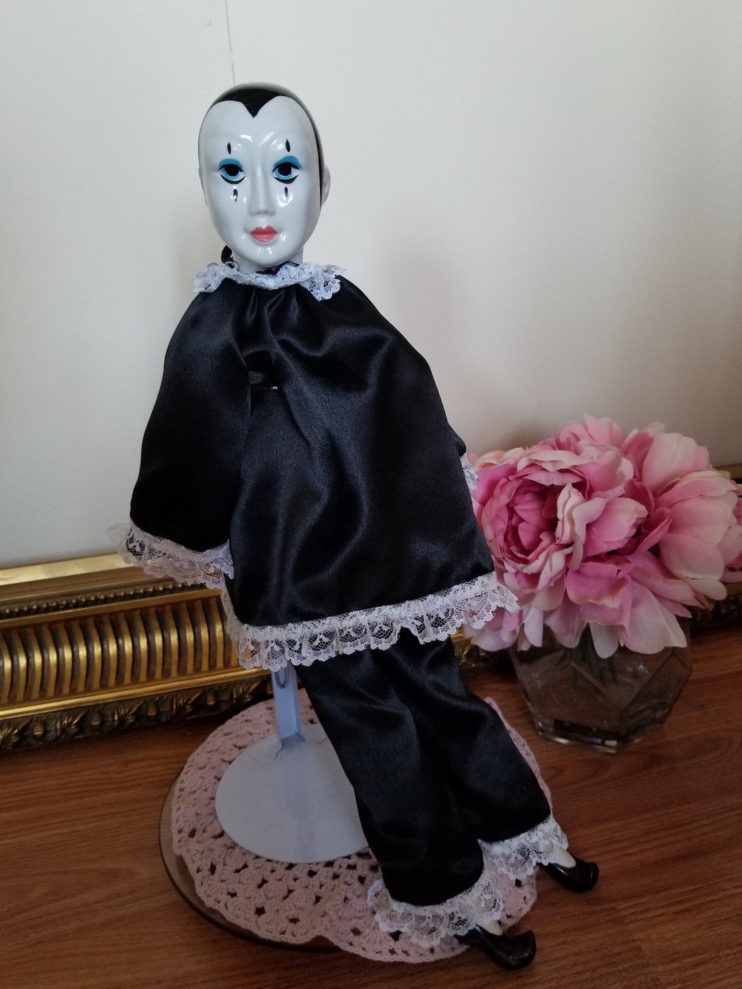 Vintage Large 21 Pierrot Doll With Black Satin Costume - Etsy