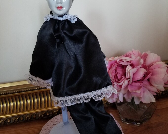 Vintage Large 21" Pierrot Doll With Black Satin Costume White Lace ...