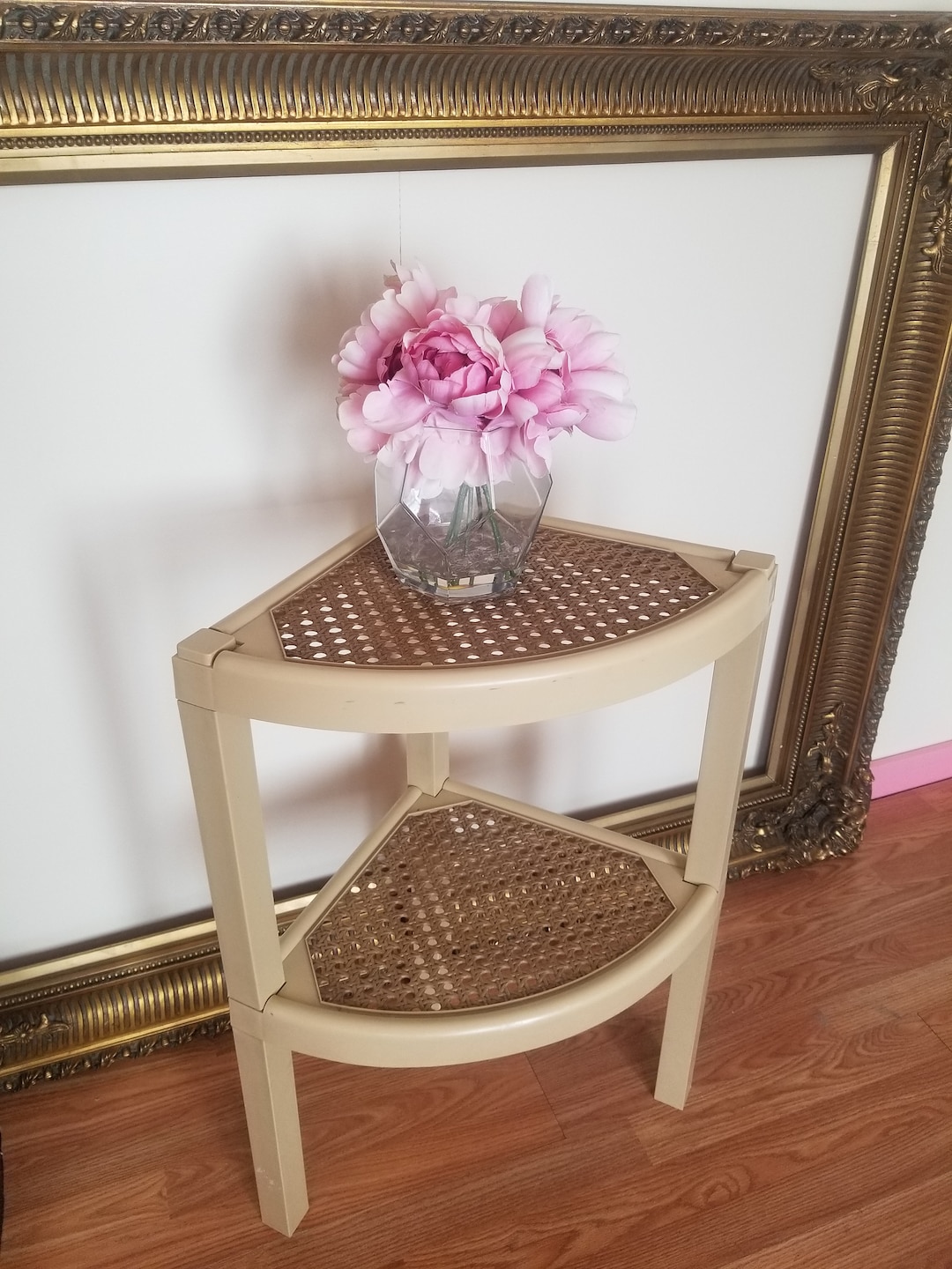 Vintage MCM Corner Shelve Table Retro Plastic Pretend Rattan Beige and ...