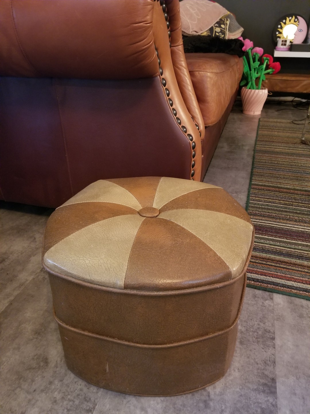Vintage Mid-century Ottoman Retro Brown & Beige Vinyl Round Ottoman - Etsy