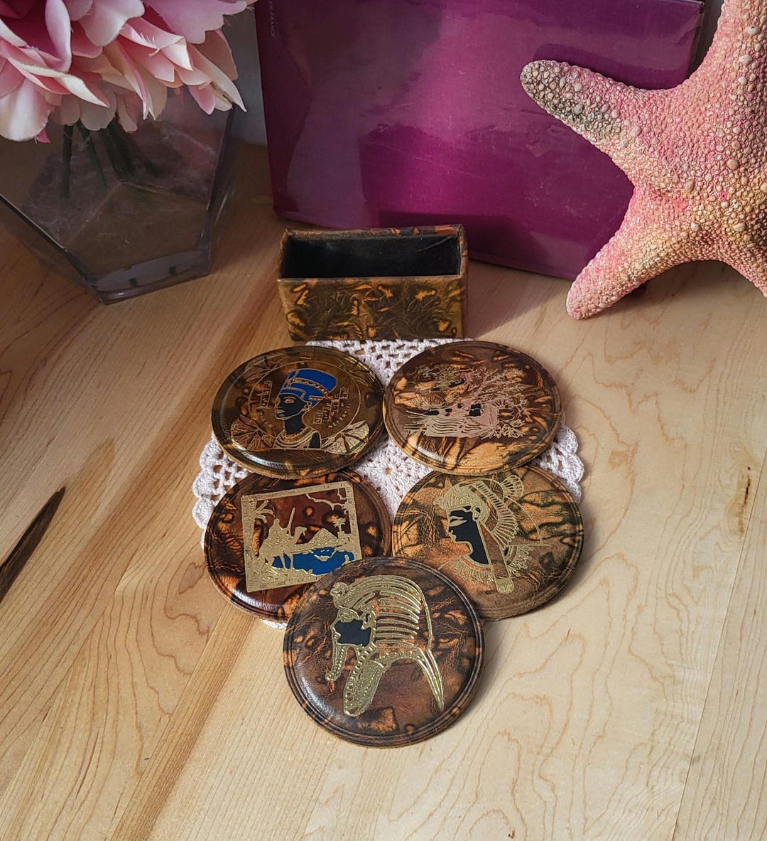 Vintage Egyptian Camel Leather Coaster. Set of 5, Nefertiti, Pharaoh ...