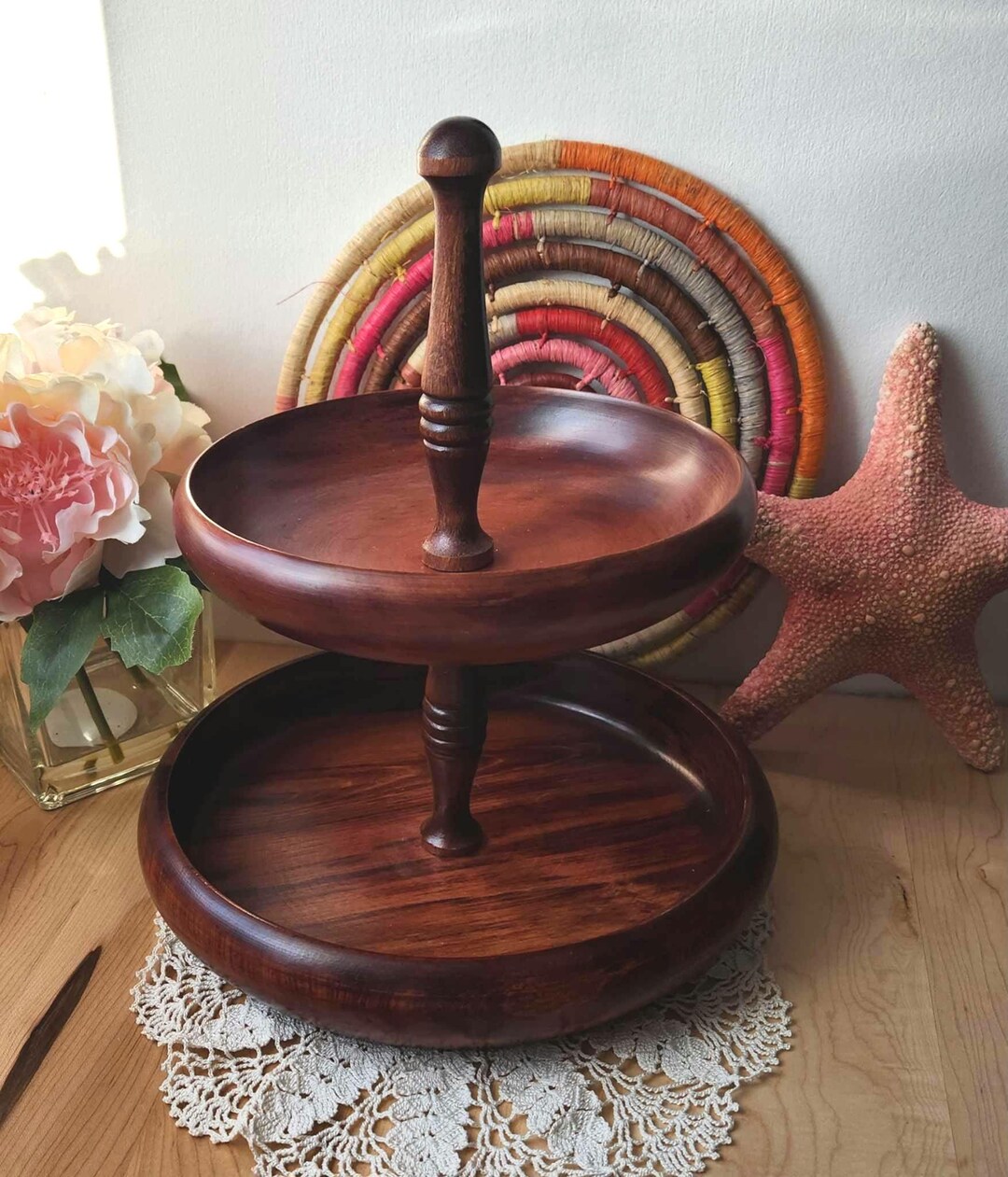 Vintage Wooden Walnut 2 Tiered Pedestal Stand Kitchen Set. Cake or Fruits Display. Two Trays ...