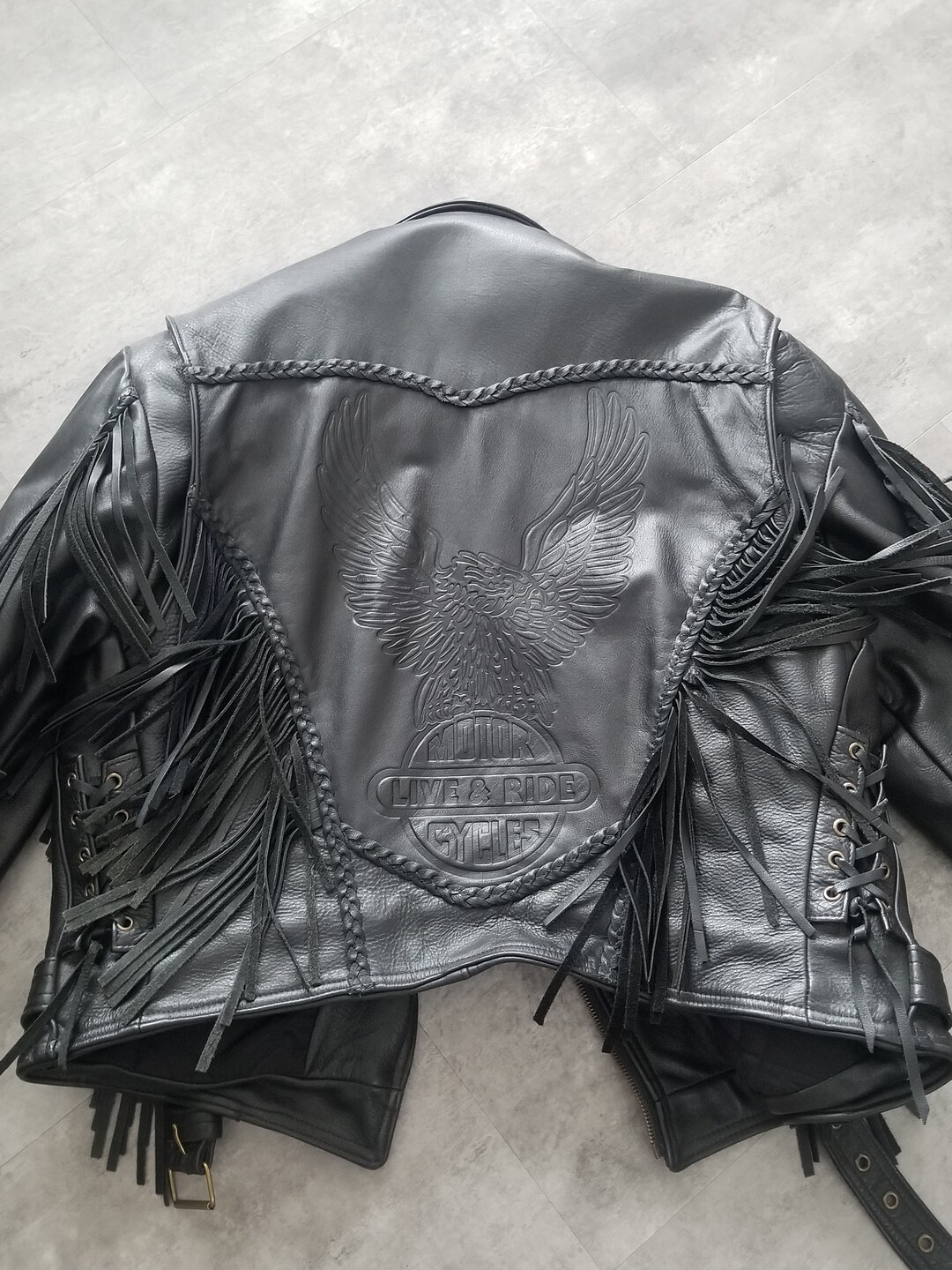 Vintage HD Leather Fringed Black Jacket With Eagle & Chaps Leather 80's ...