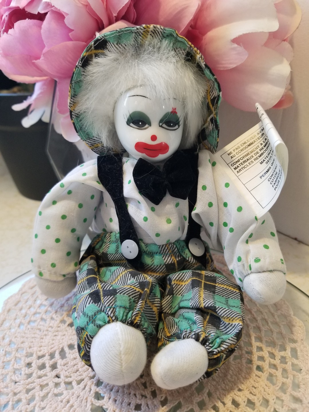 Vintage 90s Porcelain Clown Bean Sand With Costume and a Colorful Green ...