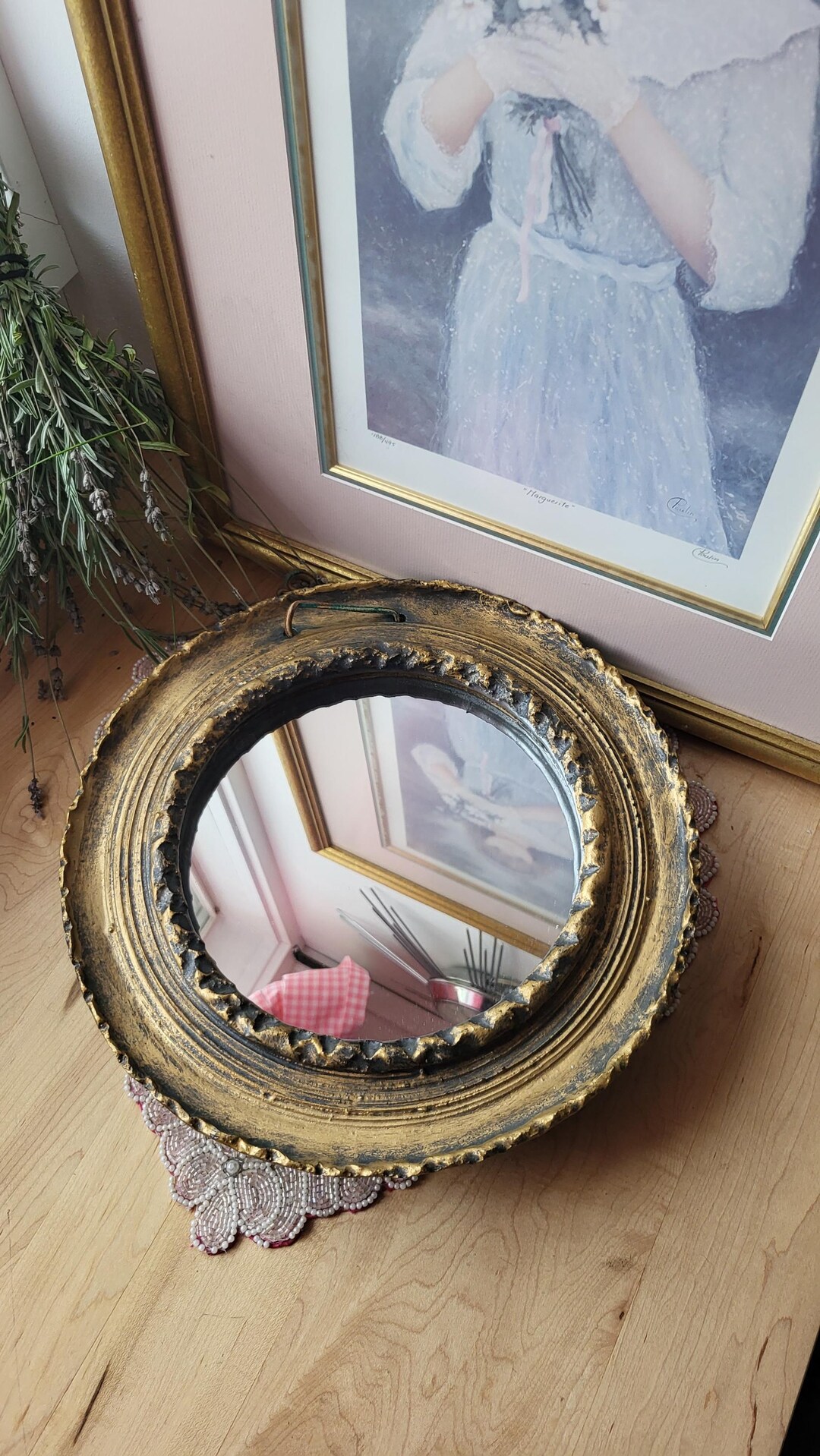 Vintage Round Terracotta Golden Mirror Handmade Signed. Heavy Mirror ...