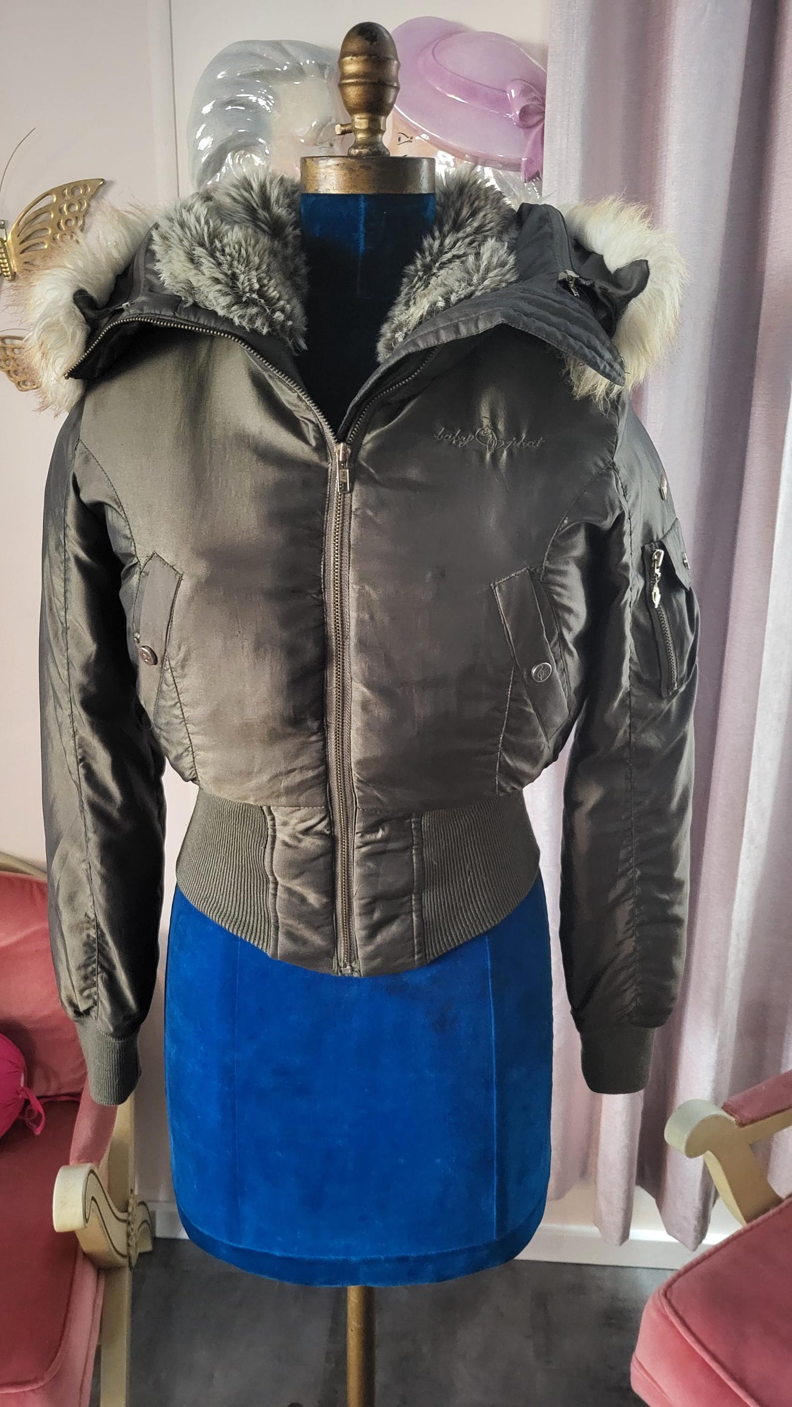 1990s 2000s Army Green Baby Phat Bomber Jacket With Faux Fur Trim and ...