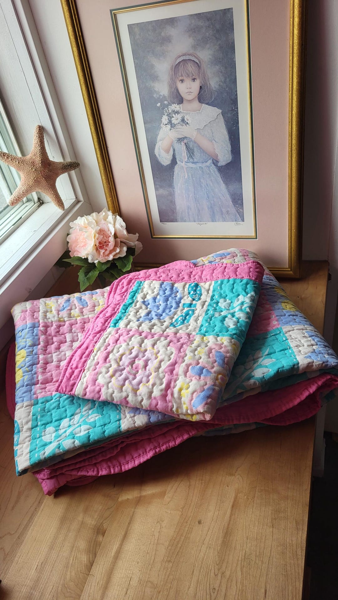 Vintage 90s Little Girl Quilt Pastel Colors Flowers & Leafs Pattern Bed ...